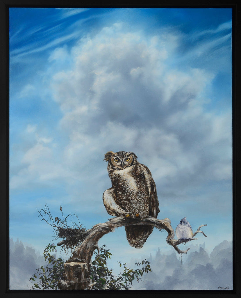 Brian Mashburn - "Owl with Titmouse" - oil on panel | Beinart Gallery