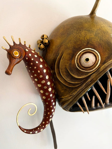 Kristen Egan - "Apollo" - gourds, wood, paper clay, acrylics, metal le ...
