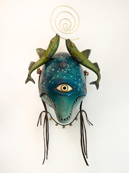 Kristen Egan - "Cetus" - gourds, wood, paper clay, acrylics, metal lea ...