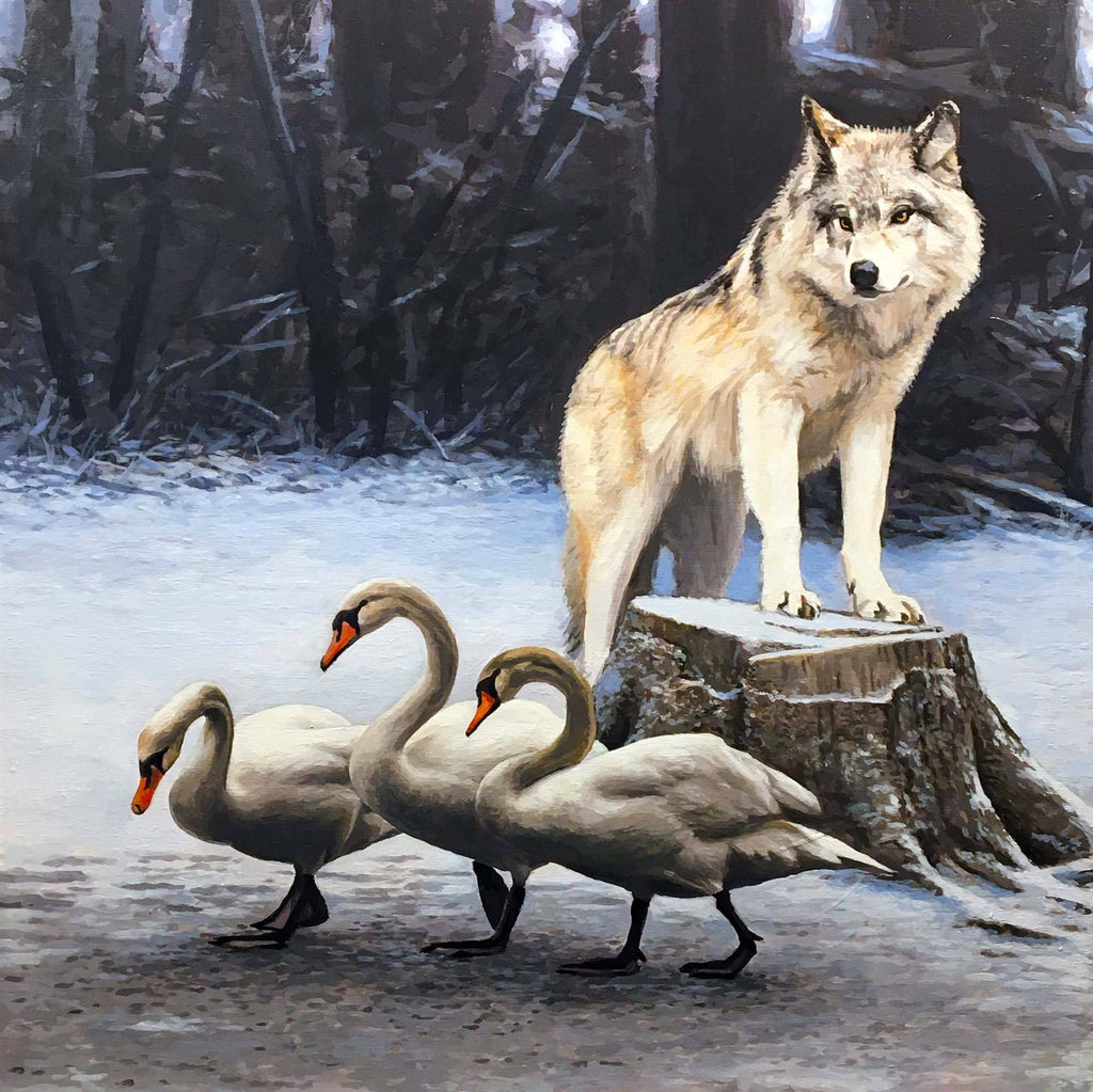 Josh Keyes - "Red Snow" - acrylic on birch panel | Beinart Gallery