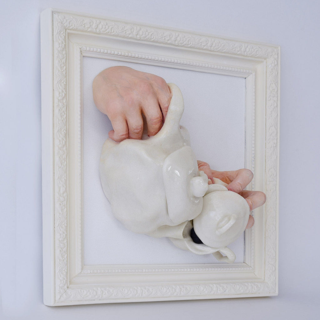 Ronit Baranga - "Embraced in Frame #2" - clay, glaze, acrylic paint, l ...