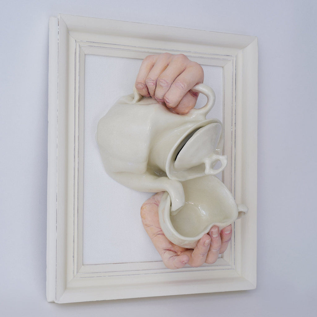 Ronit Baranga - "Embraced in Frame #3" - clay, glaze, acrylic paint, l ...