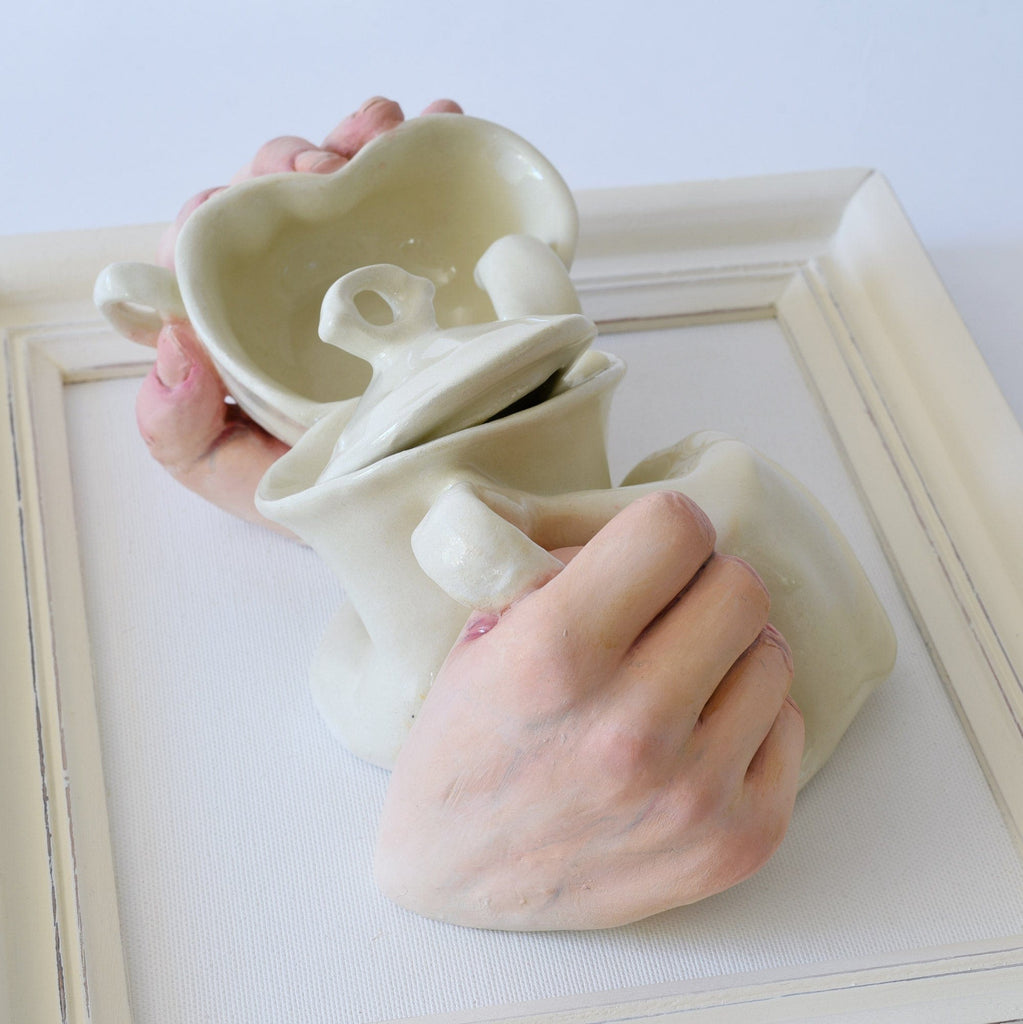 Ronit Baranga - "Embraced in Frame #3" - clay, glaze, acrylic paint, l ...