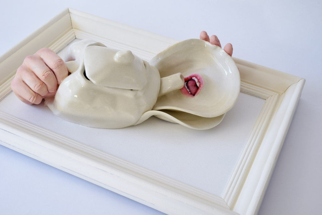 Ronit Baranga - "Embraced in Frame #4" - clay, glaze, acrylic paint, l ...