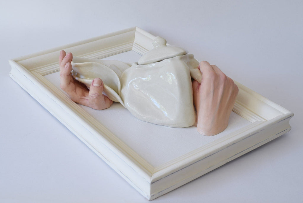 Ronit Baranga - "Embraced in Frame #4" - clay, glaze, acrylic paint, l ...